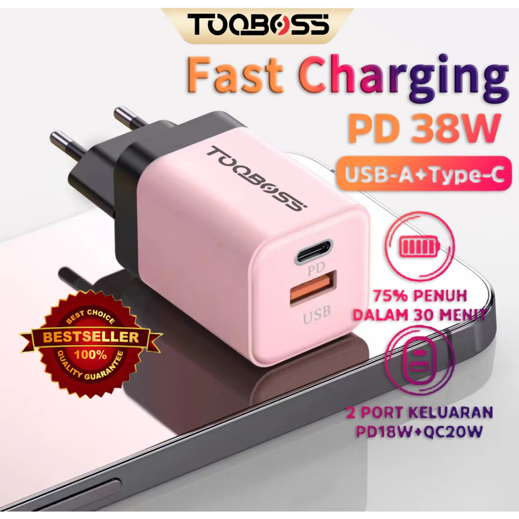 Jual 2024 Wall Charger Fast Charging Adapter 38W Type C+3.0 USB Dual ...