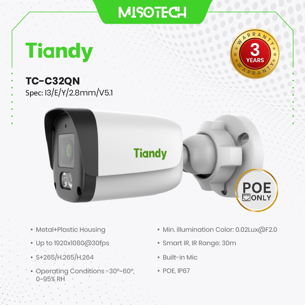 Jual Tiandy TC-C32QN IP CCTV 2MP Outdoor Bullet PoE IP67 Mic Audio Spark Series | Shopee Indonesia
