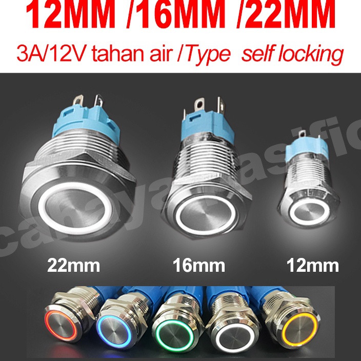 Jual KP8 Saklar On Off LED Stainless Push Button Switch 121622MM 3A 12V ...