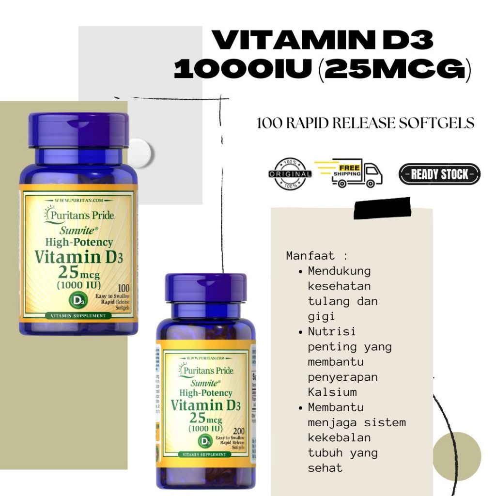 Jual Puritan's Pride Vitamin D3 25mcg 1000 IU 100 Rapid Release Softgels / 200 Rapid Release ...