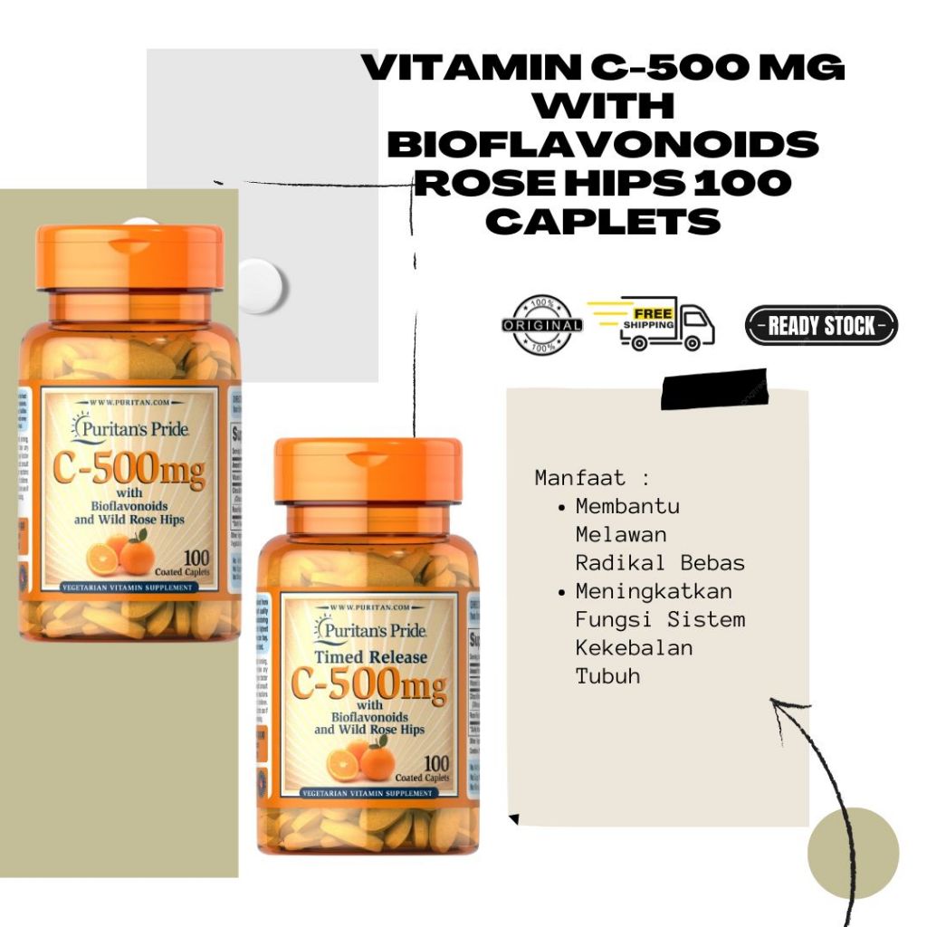 Jual Puritan's Pride Vitamin C-500 mg with Bioflavonoids & Rose Hips 100 Caplets / C-500 mg Time ...