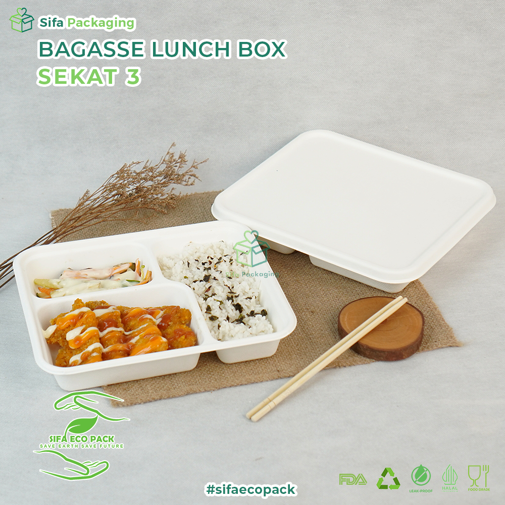 Jual Bagasse Lunch Box Sekat 3 + Tutup Kotak Makanan Warna Putih ...