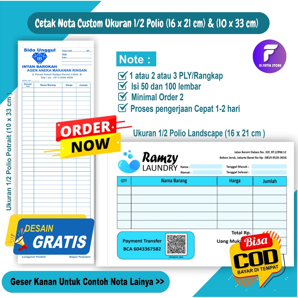 Jual nota custom ukuran 1/2 folio / nota 1 ply / nota 2 ply / nota ...