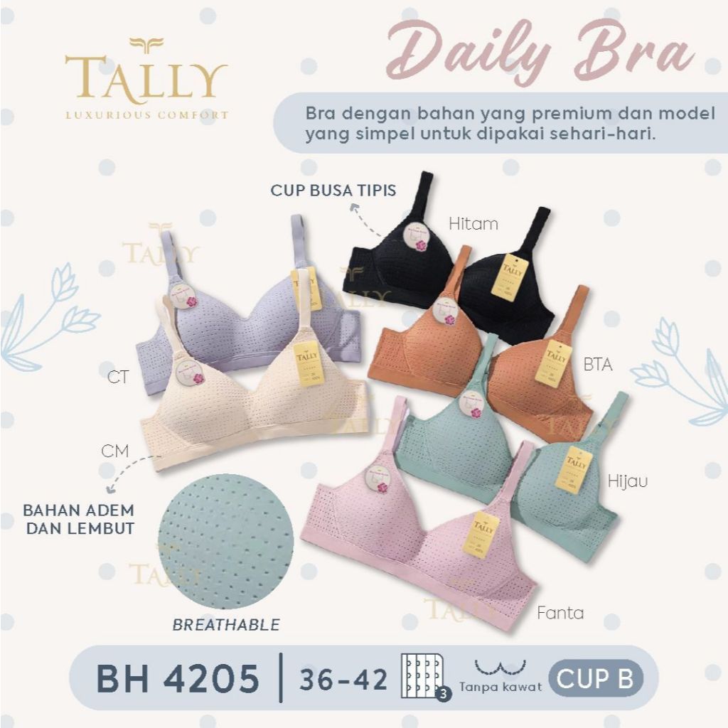 Jual Bh Bra Tally 4205 Cup A/B (36-42) Kait 3 Berpori Busa Tipis Tanpa Kawat Ky | Shopee Indonesia