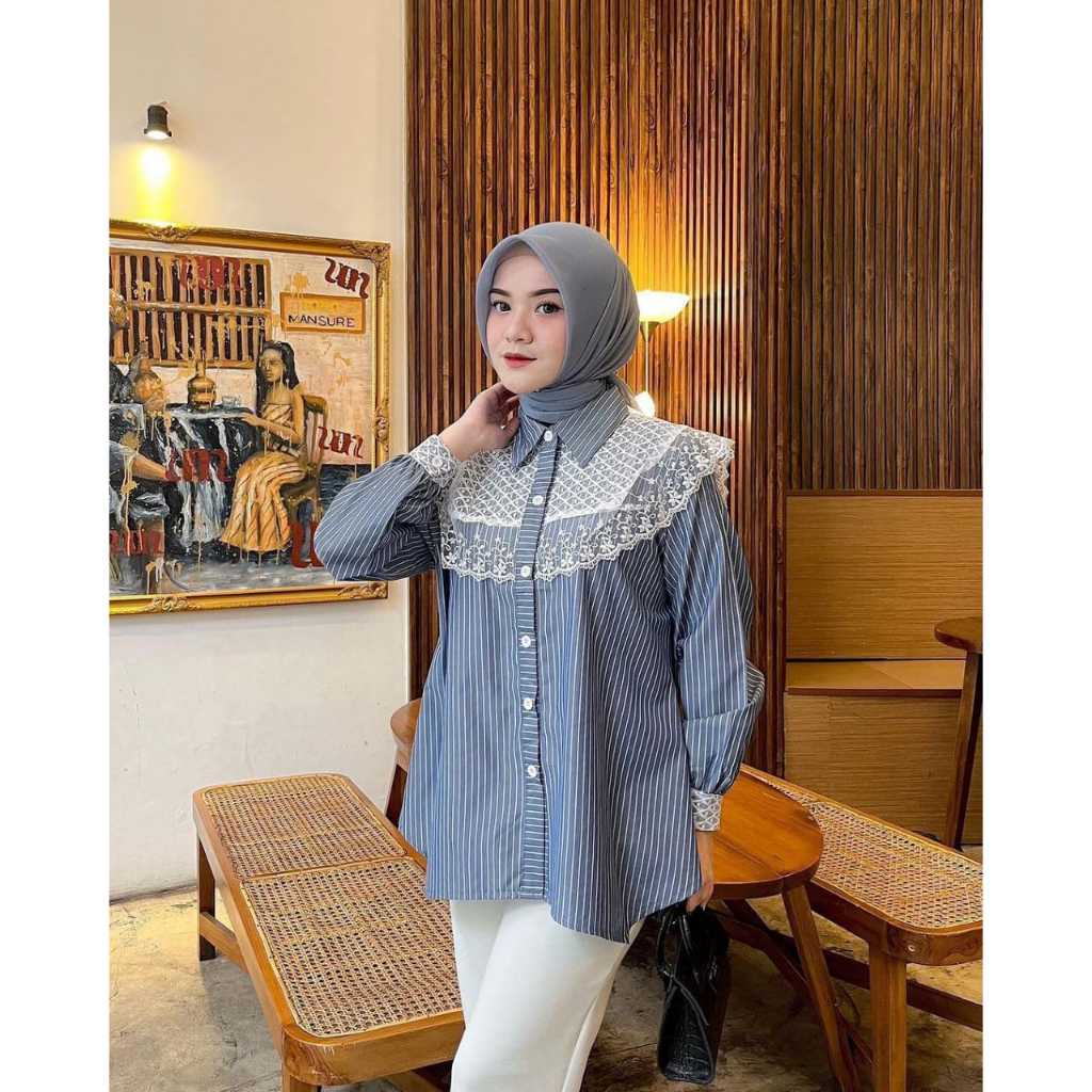 Jual Kemeja Blouse Wanita Jumbo Strip Salur Kombinasi Brukat Import ...