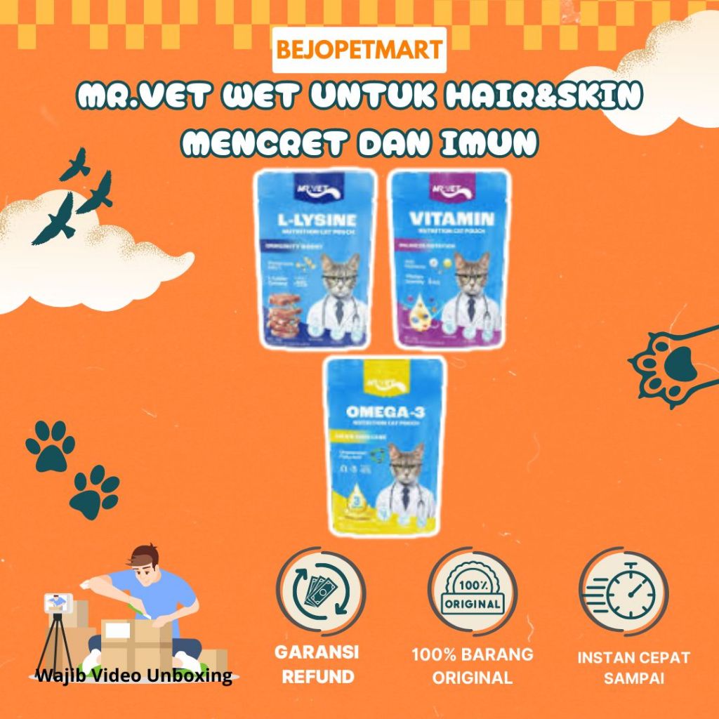 Jual Mr.Vet DUS isi 12pcs - Kombo 3 Jenis Mr. Vet Pouch 70g Omega-3, Prebiotik dan L-Lysine Wet ...