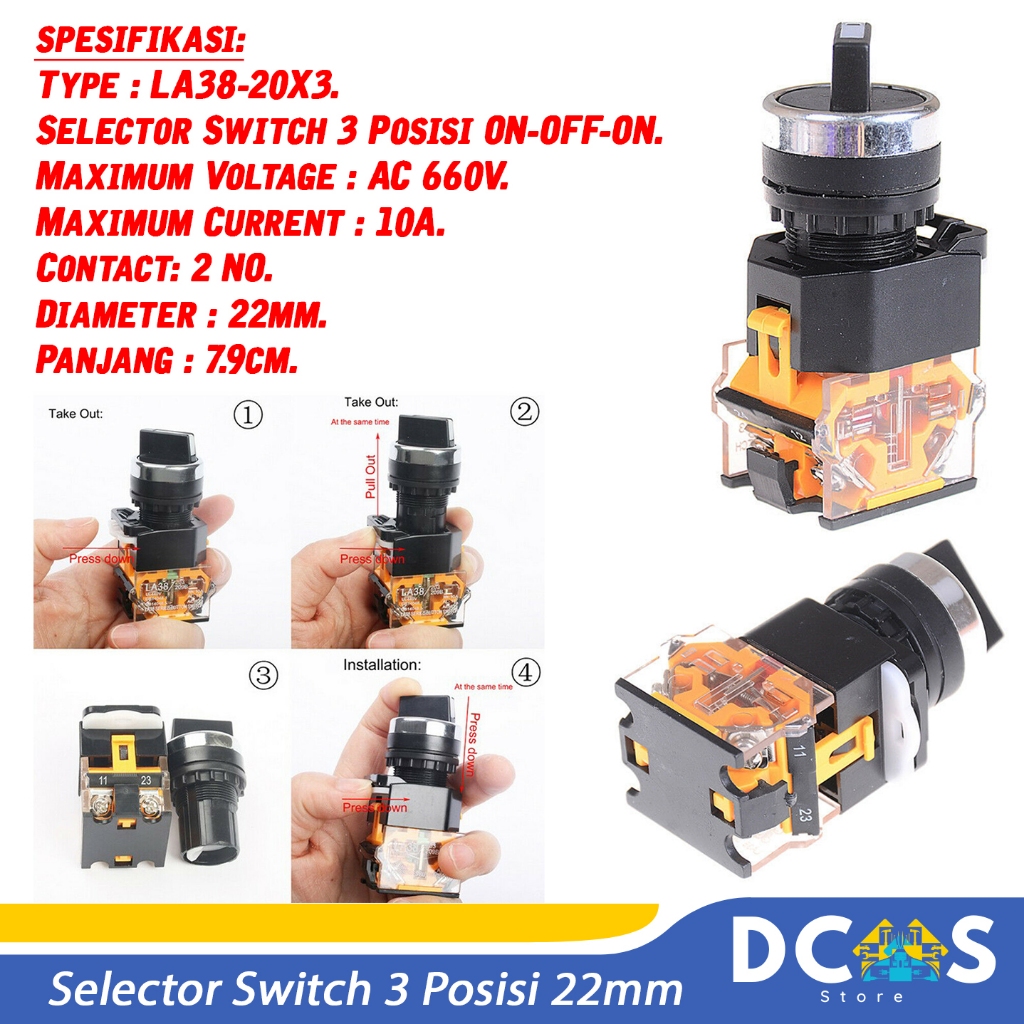 Jual Selector Switch 3 Posisi /3Posisi 22mm AC 660V ON-OFF-ON 2NO LA38-20X3 | Shopee Indonesia