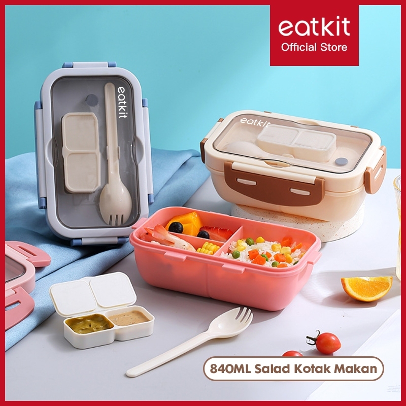 Jual Eatkit Set Kotak Makan Siang 840ml Desain Kompartemen Lunch Box Microwave Gratis Alat Makan ...