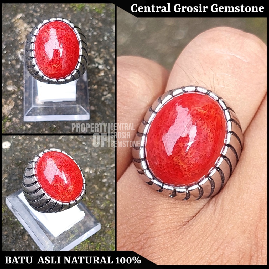 Jual Cincin Batu Marjan Asli Natural Red Coral Akik Ring Titanium Pria ...