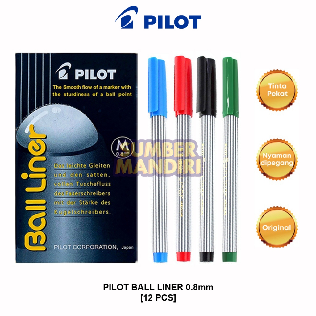 Jual Pulpen Pena PILOT Ball Liner 0.8mm Hitam Biru Merah Hijau [12 PCS ...