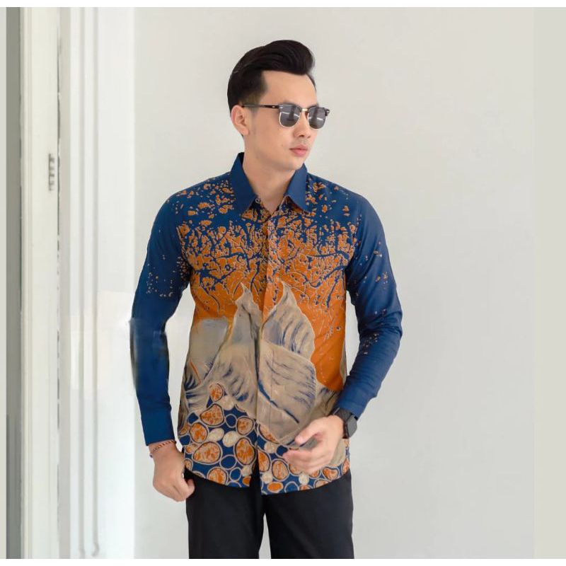 Jual BATIK SAKATA Motif DAUN BIRU Hem Atasan Kemeja Baju Batik Pria Cowok Laki Laki Slimfit Full ...