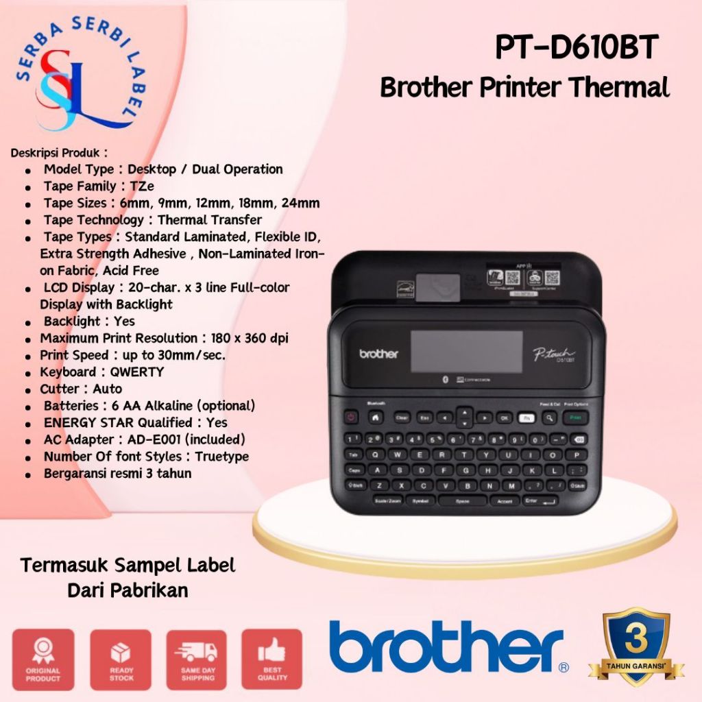 Jual Brother Printer Label PT-D610BT Label Maker PC Connectable ...