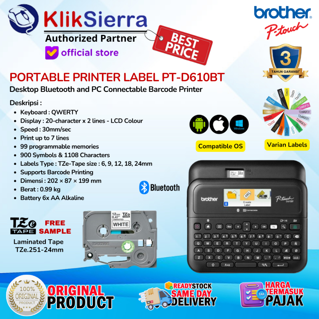 Jual BROTHER PT-D610BT Printer Portable Label Maker D610 Bluetooth TZe ...