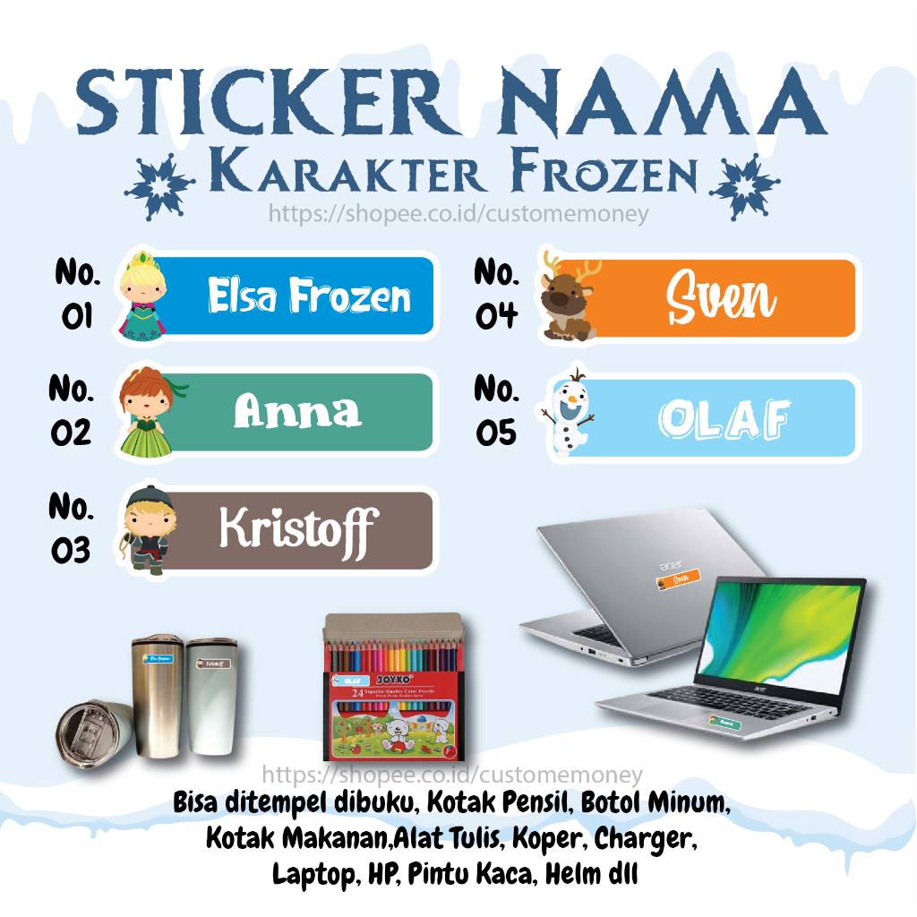 Jual STICKER LABEL NAMA KARAKTER KARTUN ELSA FROZEN OLAF ANNA PRINCESS ...