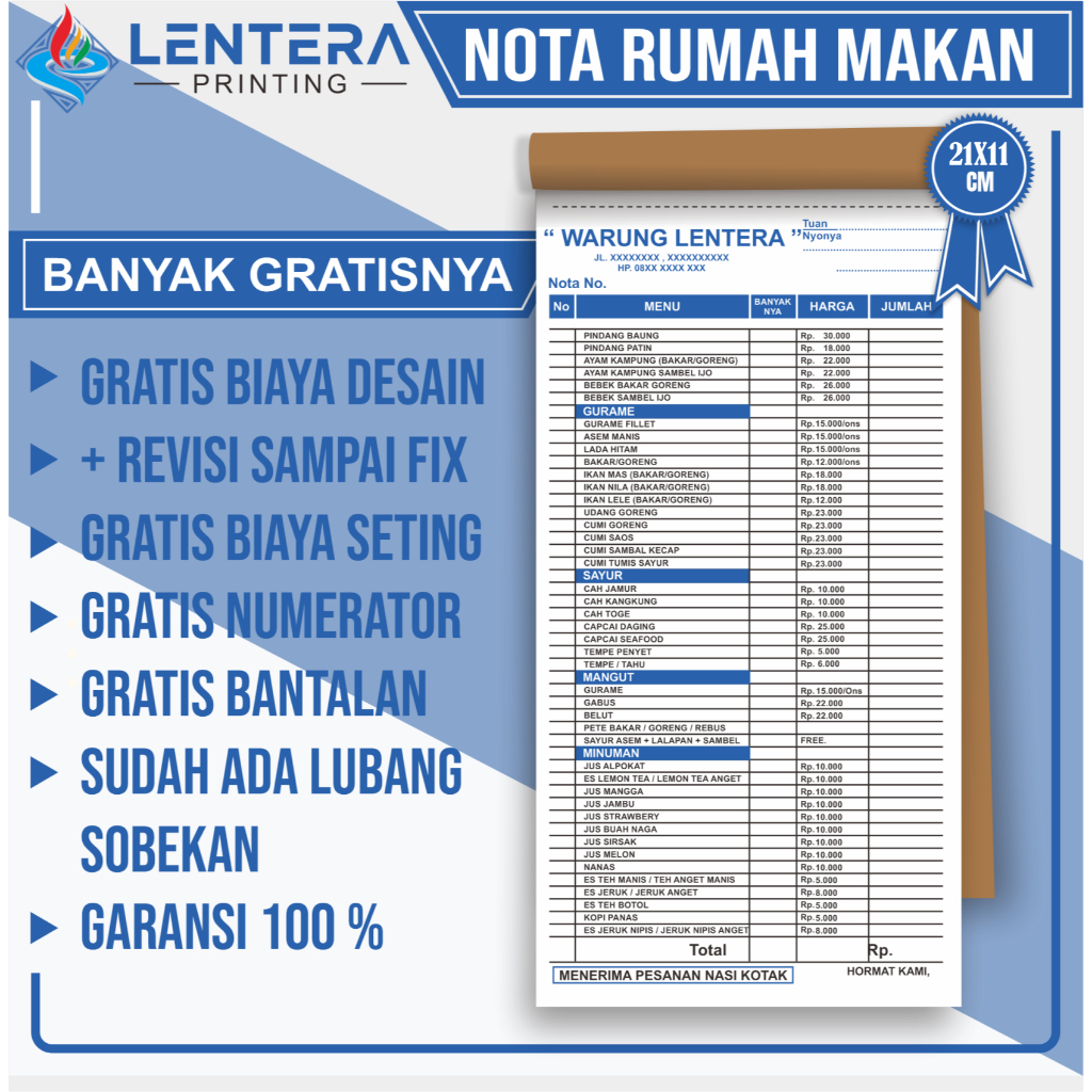 Jual Nota Rumah Makan Custom Ukuran 21x10cm | Shopee Indonesia