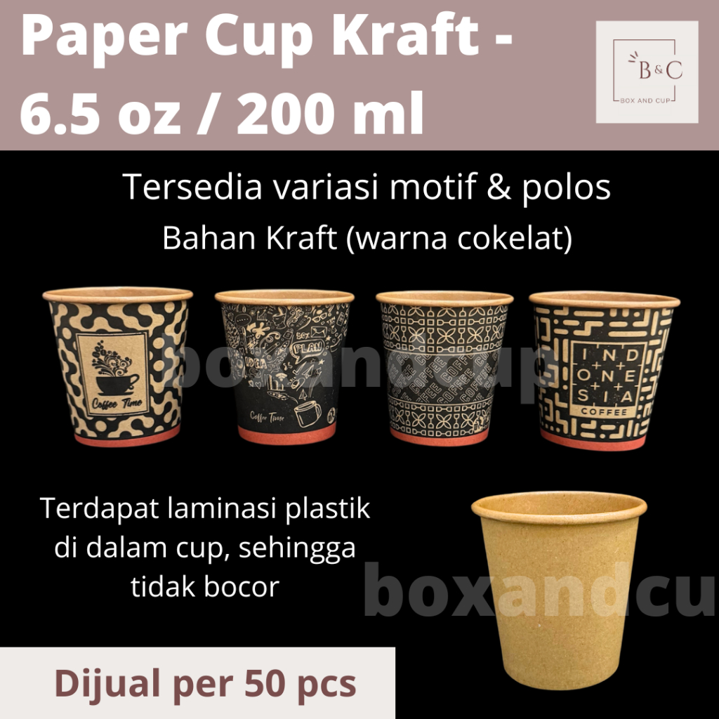 Jual Paper Cup Craft 6.5 oz / Gelas Kertas Panas Polos & Motif Kraft dan Tutup Murah / Kopi ...