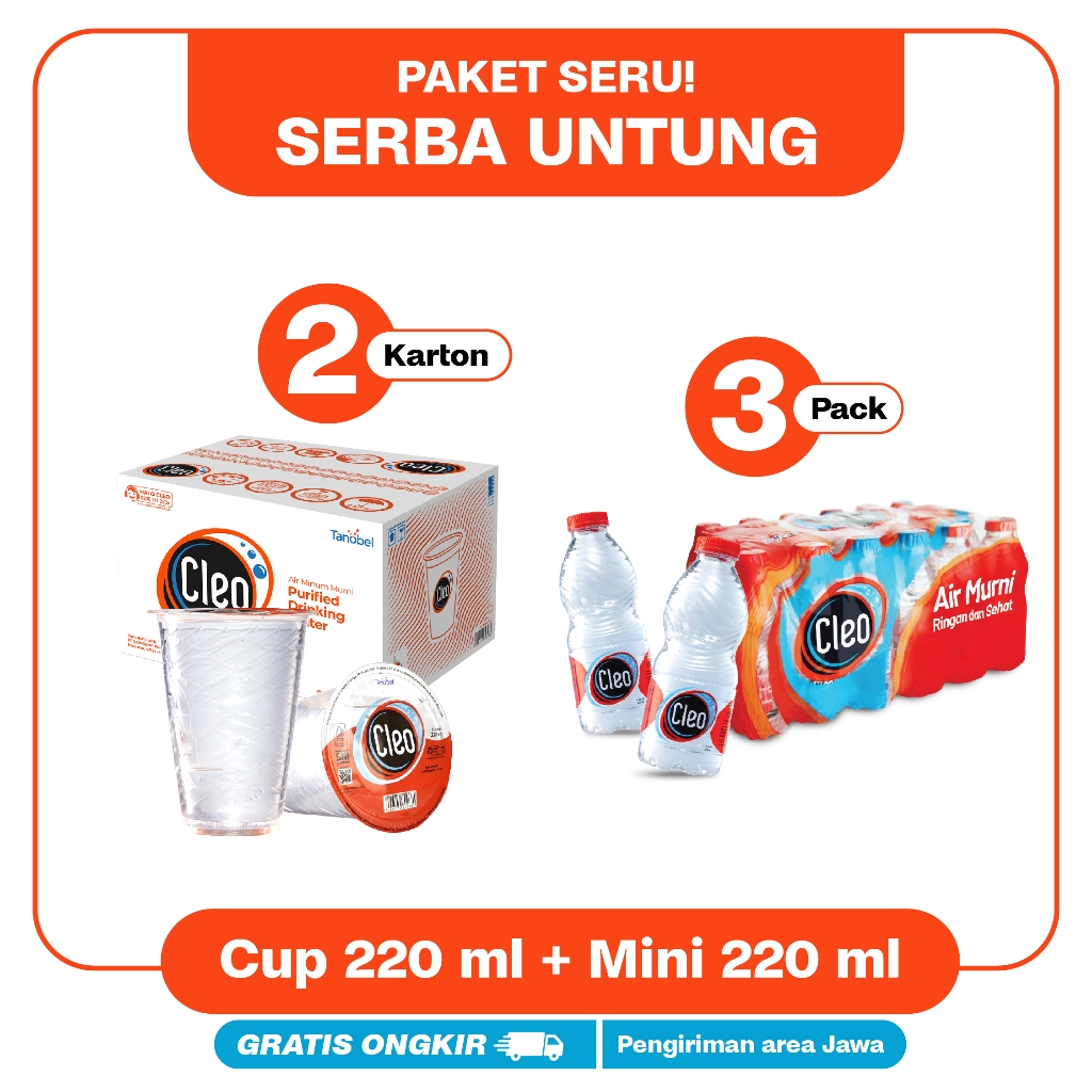 Jual Cleo Air Murni 220ml 3 packs + Cup 220 ml 2 karton | Shopee Indonesia