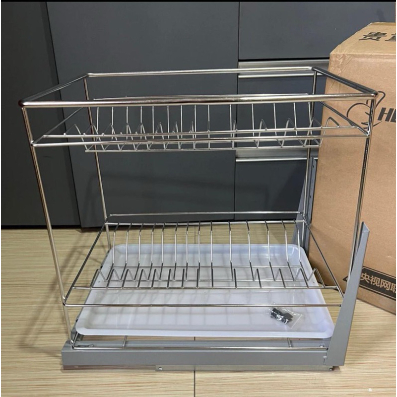 Jual rak piring 2 susun stainless tarik / rak piring lemari dapur tarik ...