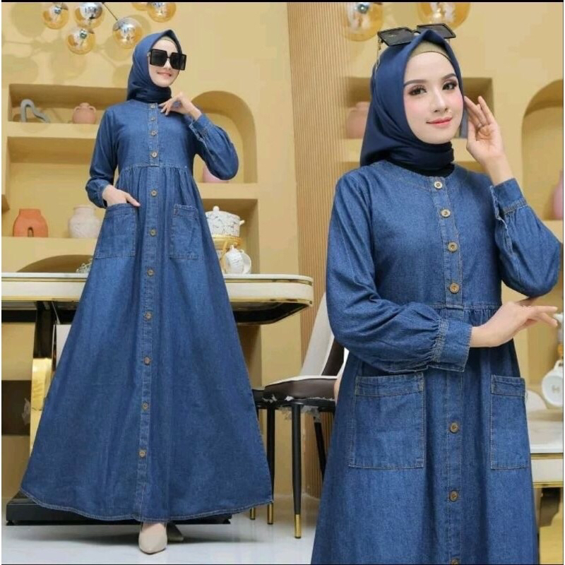 Jual GAMIS TERBARU DRESS JEANS MAXI PREMIUM / GAMIS JEANS WANITA MUSLIM ...