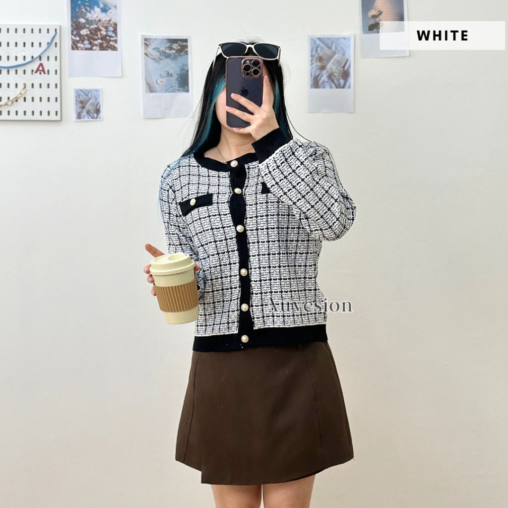 Jual 6078 Daeun Plaid Long Sleeves Tweed Knit Top Blouse Panjang Wanita ...