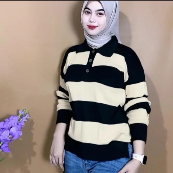 Jual polo sweater rajut motif garis garis kancing hidup | Shopee Indonesia