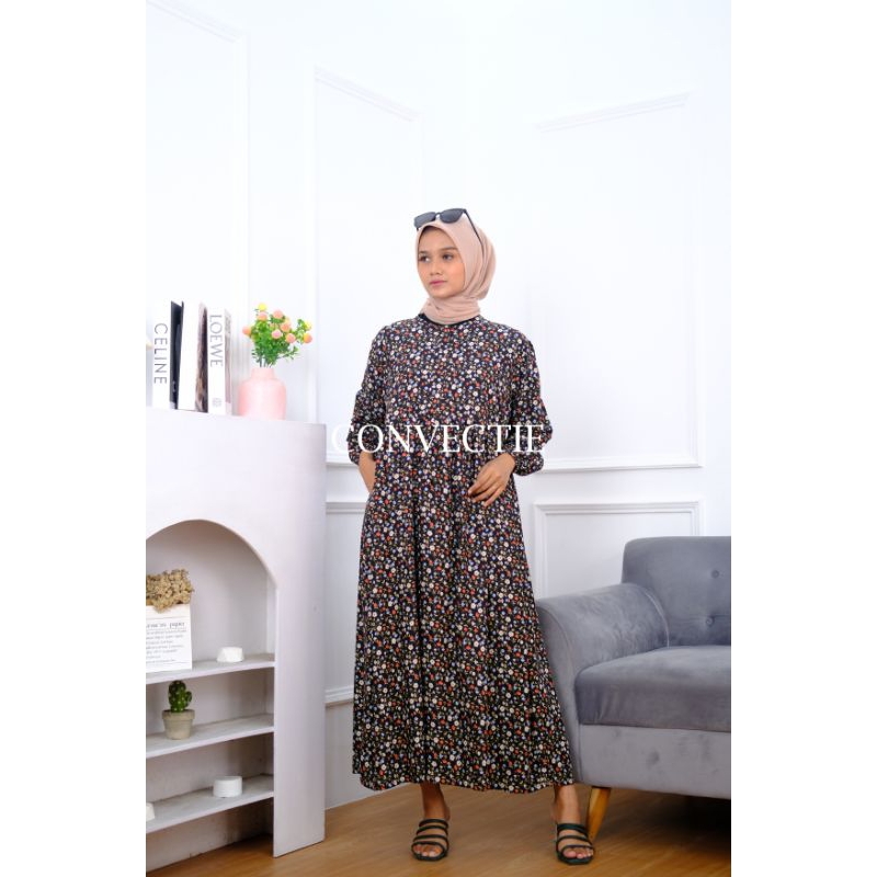 Jual Ananta Black Convectie Midi Dress Rayon Viscose Premium Tidak ...