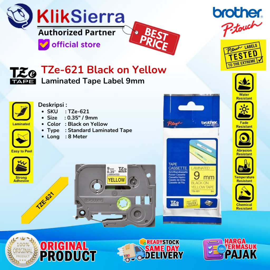 Jual BROTHER PTouch Label 9mm TZe-621 | TZe621 Black on Yellow For ...