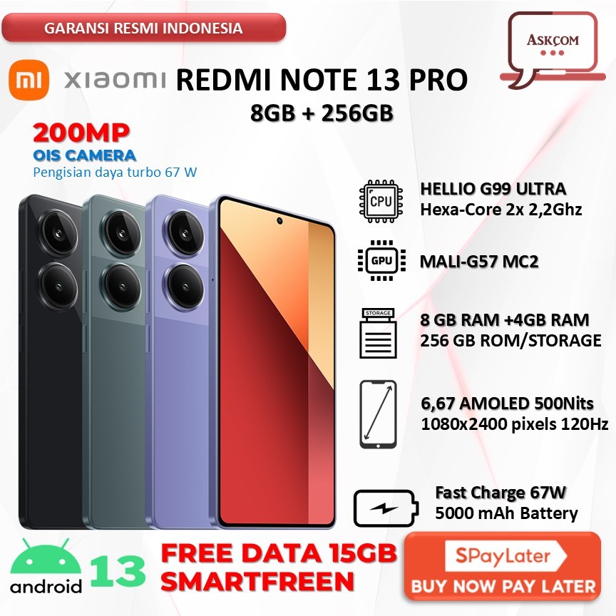Jual XIAOMI REDMI NOTE 13 PRO 4G 8GB 256GB 6,67inch AMOLED 120Hz 200Mp 5000mAh 67W GARANSI RESMI ...