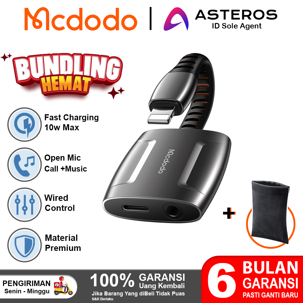 Jual MCDODO Splitter For iPhone 2in 1 Lightning To Jack 3.5mm Charging ...