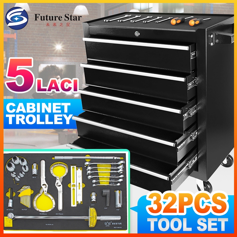 Jual Tool Box Cabinet Trolley 5 Drawer Susun Laci +32cs Tool Kit Set Car Reapair Alat Perkakas ...