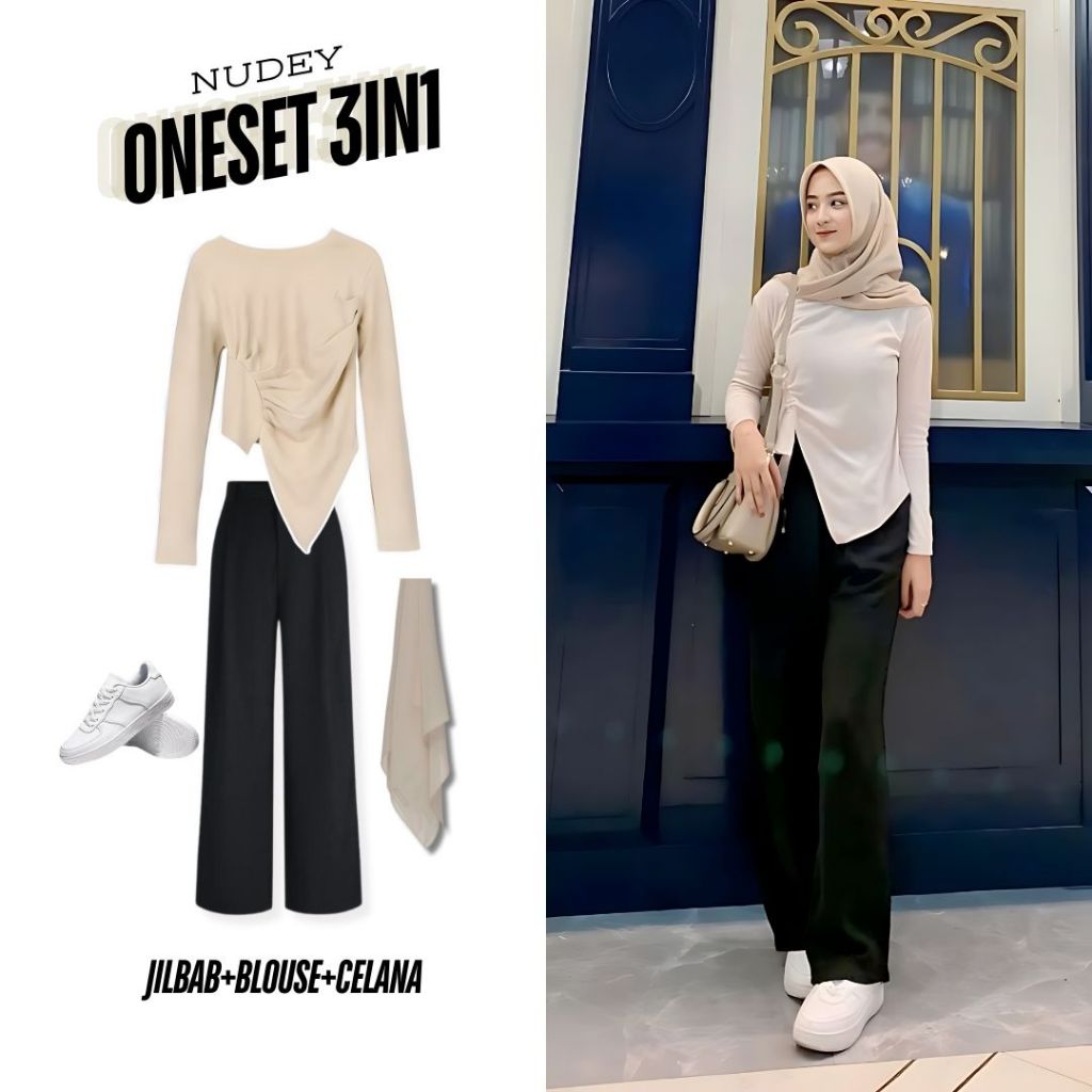 Jual One set 3in1 baju atasan blouse kaos knit celana panjang hitam highwaist loose cullote ...