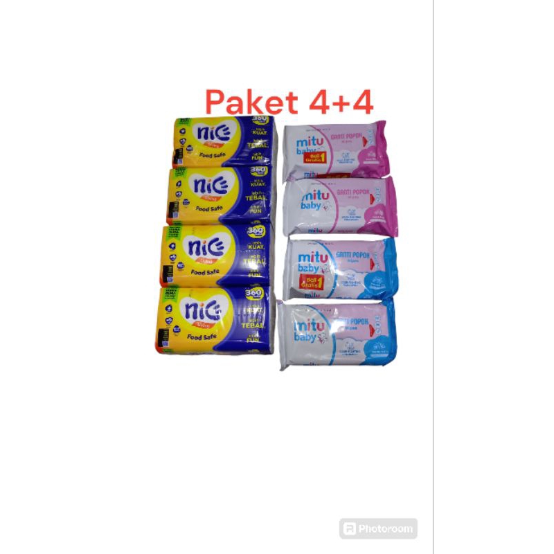 Jual Paket 4+4 Tissu Nice 180 sheet 4 pack + tissue basah Mitu 4 pack ...