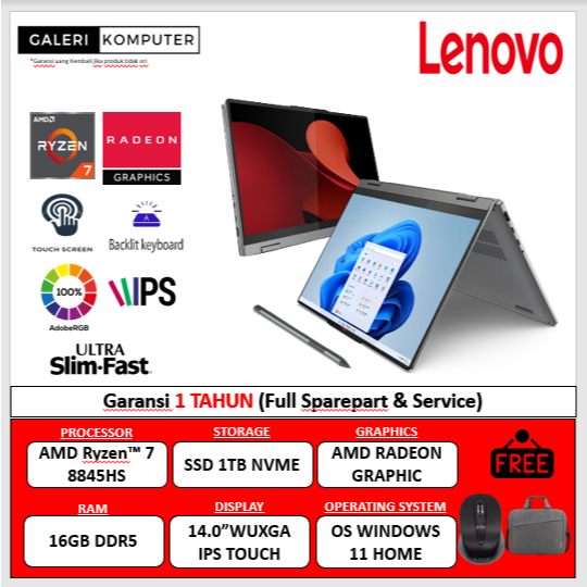 Jual LAPTOP 2IN1 LENOVO IDEAPAD 5 14 AMD RYZEN 7 8845HS 16GB 1TB SSD 14WUXGA IPS TOUCH BL FP PEN ...