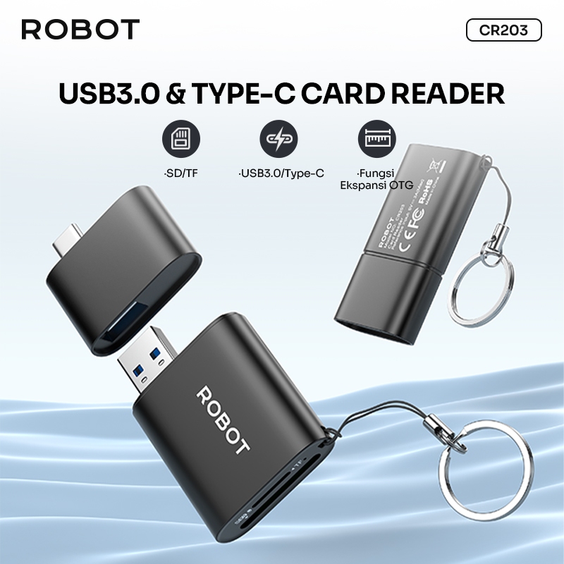 Jual ROBOT Card Reader Dual Port CR203 2 in 1 USB C To USB A Kartu ...