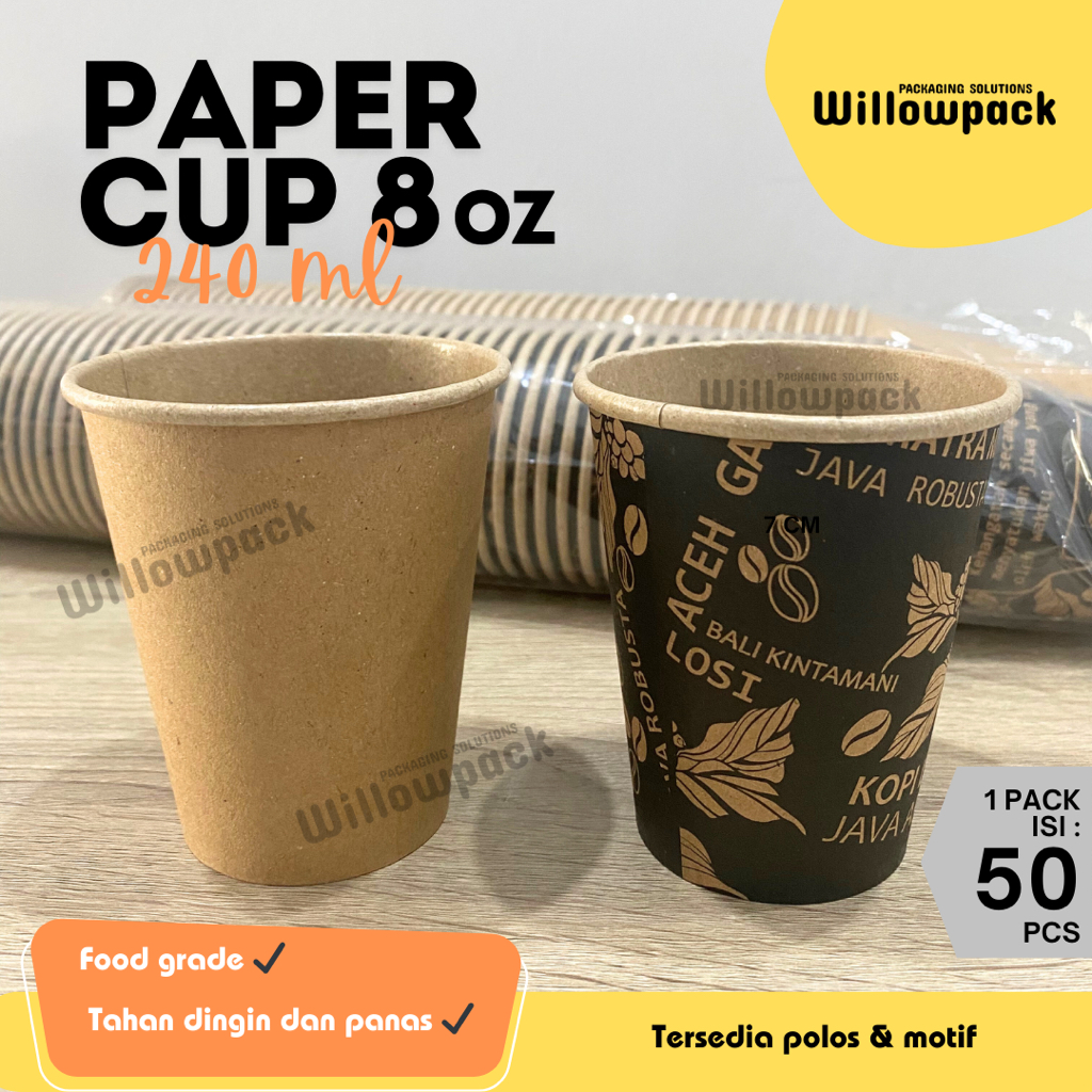 Jual PAPER CUP 8 OZ (50 PCS) POLOS MOTIF GELAS KERTAS KRAFT COKLAT ...