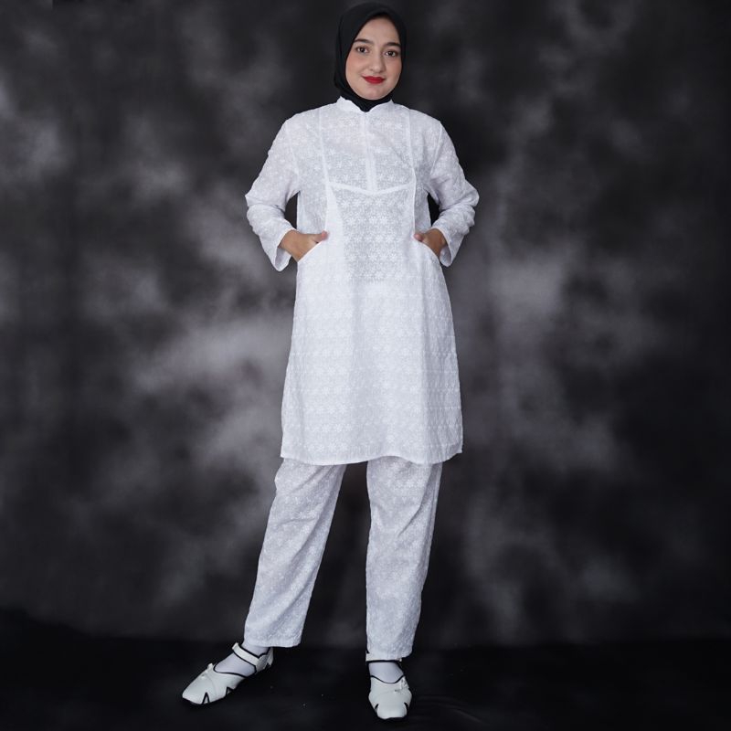 Jual Setelan Tunik Putih Wanita Bahan Katun Full Bordir | Shopee Indonesia