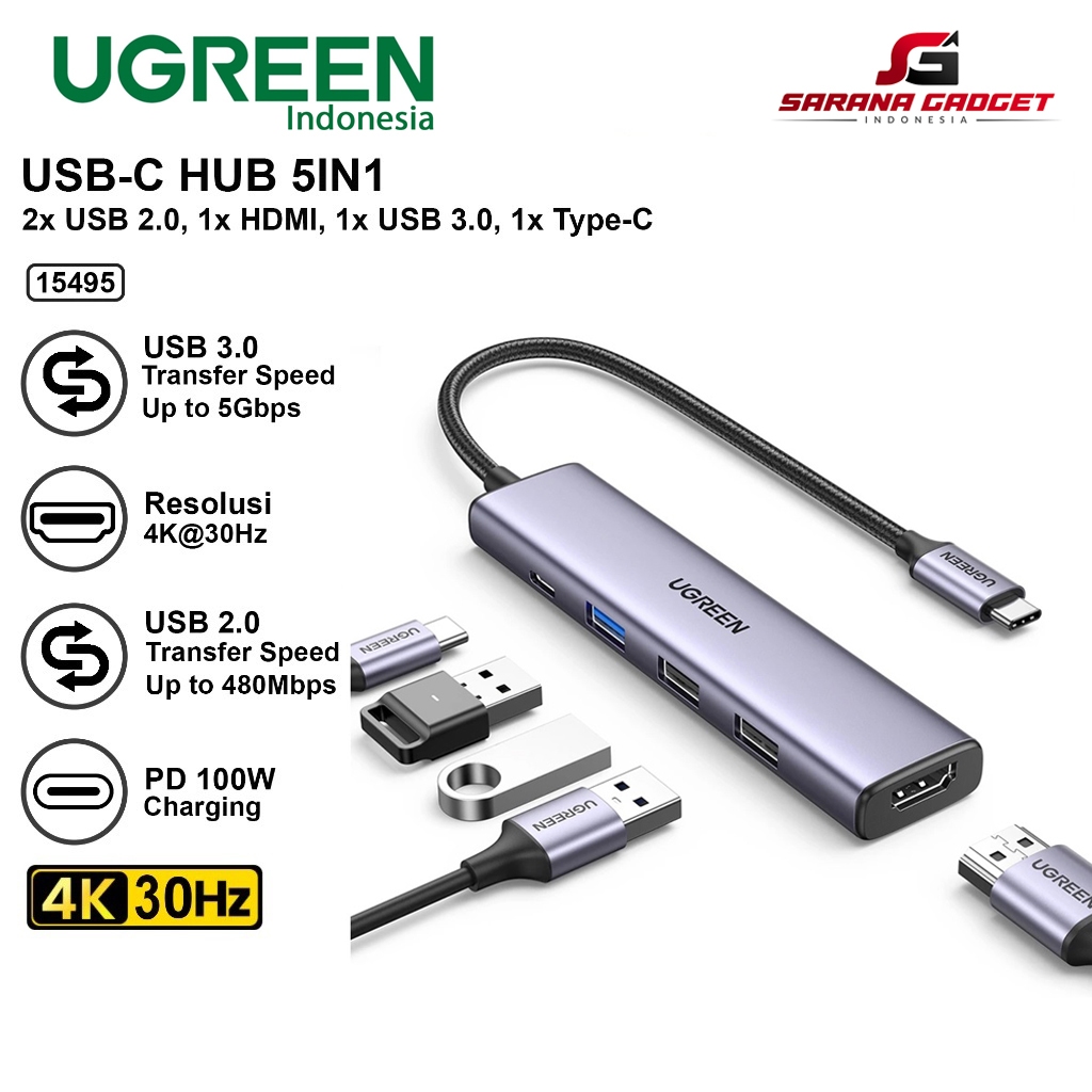 Jual UGREEN 15495 HUB 5 in 1 Converter Type C to HDMI 4K 30HZ 3 Port USB 3.0 Type C PD 100W Fast ...