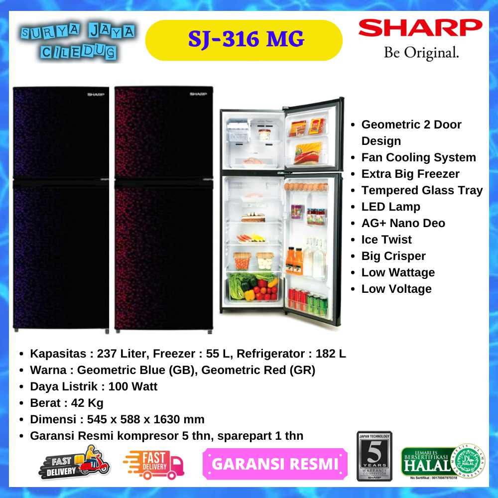 Jual KULKAS SHARP SJ-316MG, SJ316MG, SJ 316 2 PINTU SHINE SERIES 237 ...