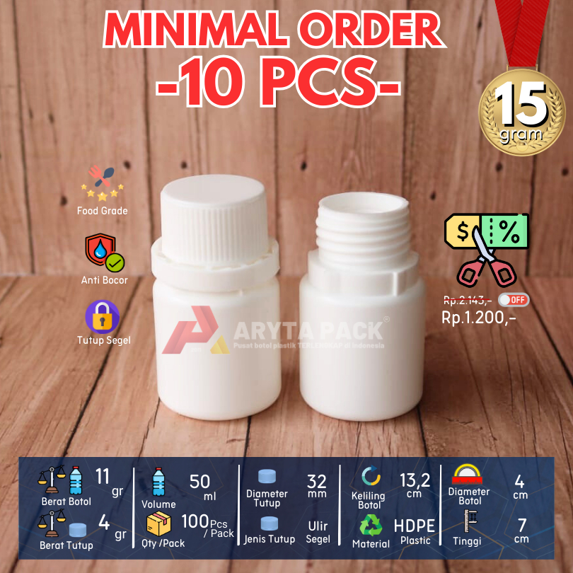 Jual Botol plastik HDPE 50ml labor agro putih susu minuman madu kimia handsanitizer tutup warna ...