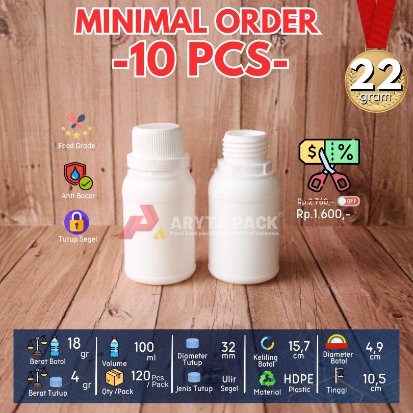 Jual Botol plastik HDPE 100ml labor agro putih susu minuman madu kimia handsanitizer tutup warna ...