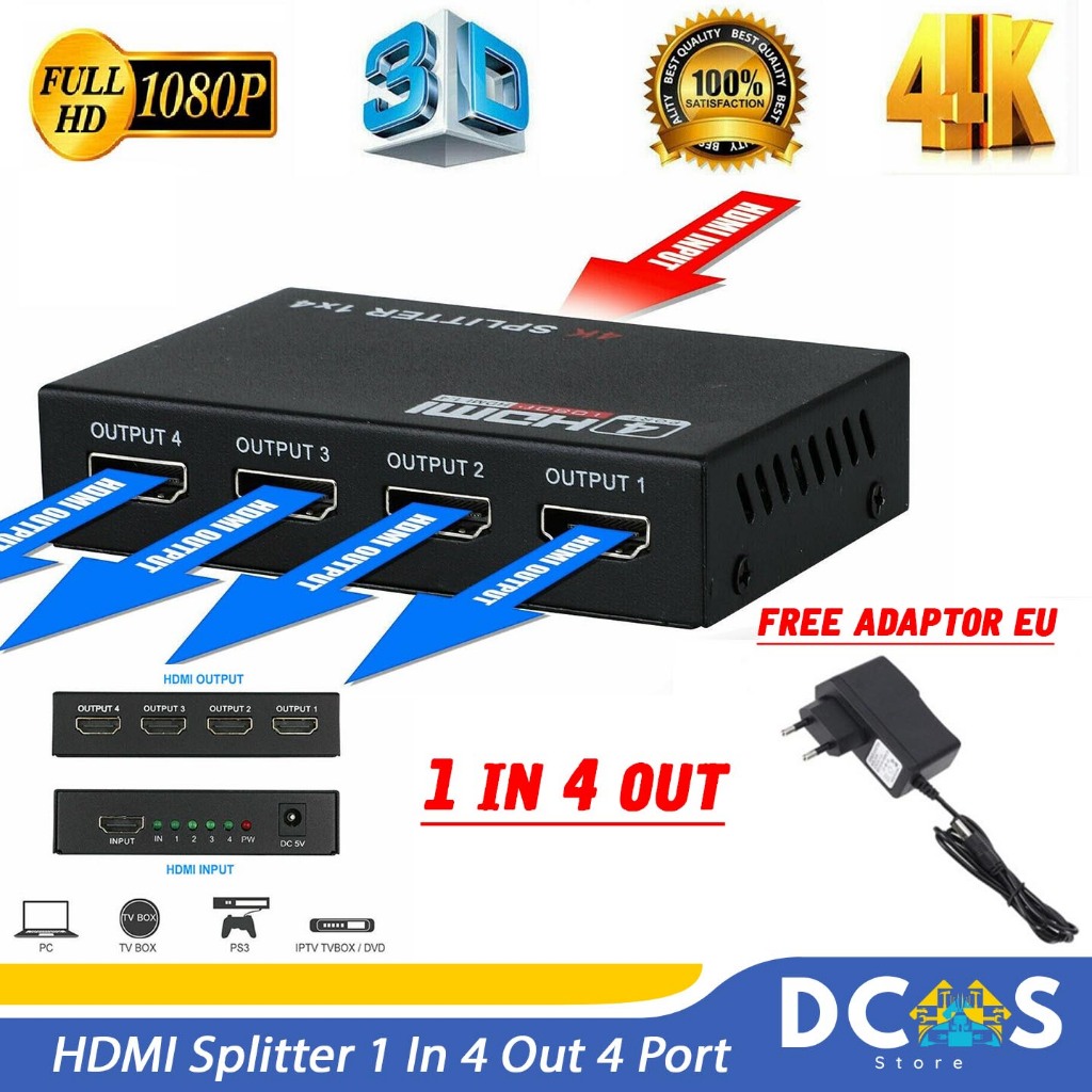 Jual HDMI Splitter 1 In 4 Out 4 Port Hub Split Repeater Amplifier V1.4 ...