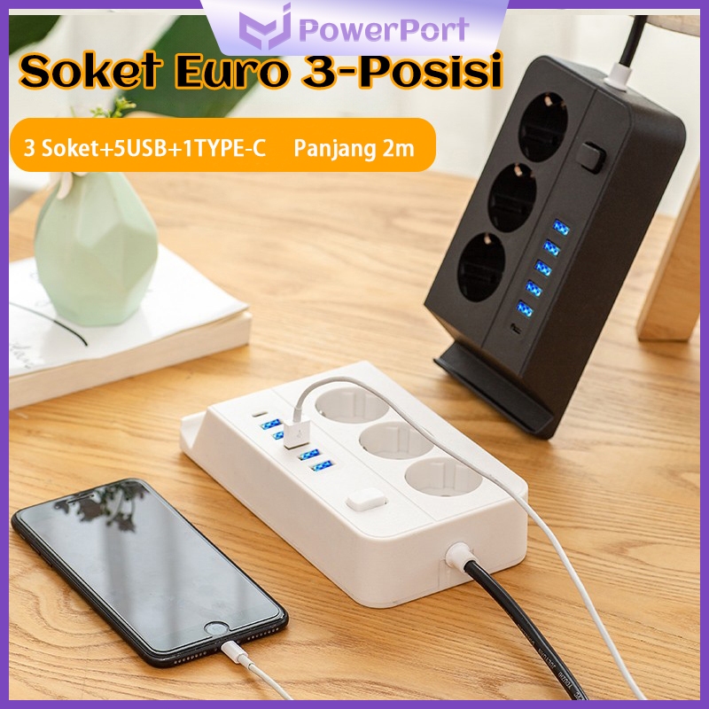 Jual Powerport 2500W Power Soket Power Strip Soket standar Eropa USB Charger Dilengkapi dengan ...
