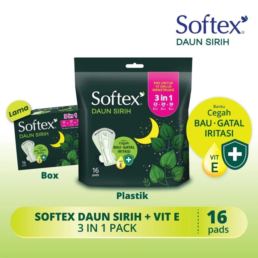 Jual Softex Daun Sirih 3 in 1 Pembalut Wanita isi 16 (4 23cm + 6 29cm + 6 36cm) | Shopee Indonesia