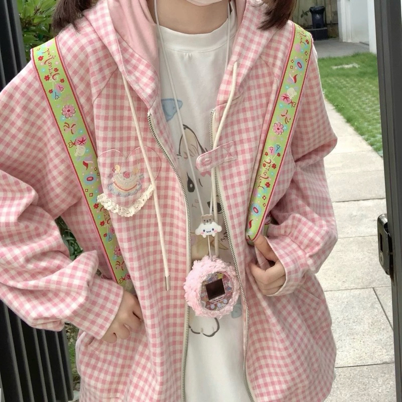 Jual Yuka Pink Plaid Jacket ♡ Jaket Wanita Lucu Motif Kotak Kotak Plaid ...