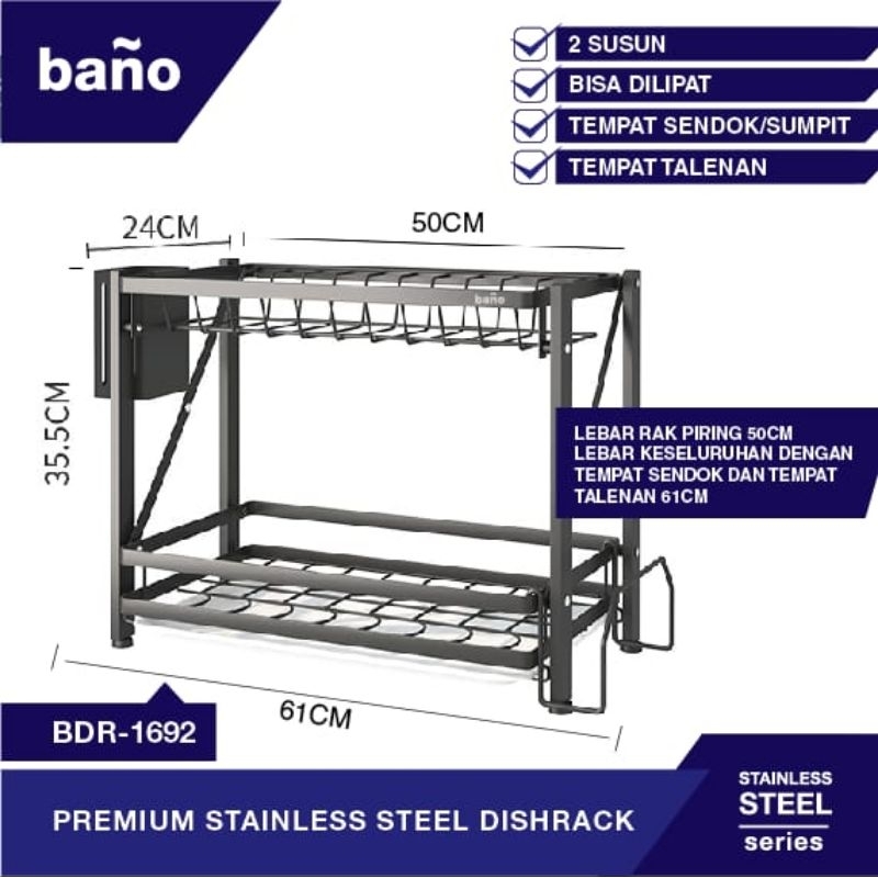 Jual Rak piring stainless 2 susun hitam bano / Rak piring stainless 3 ...