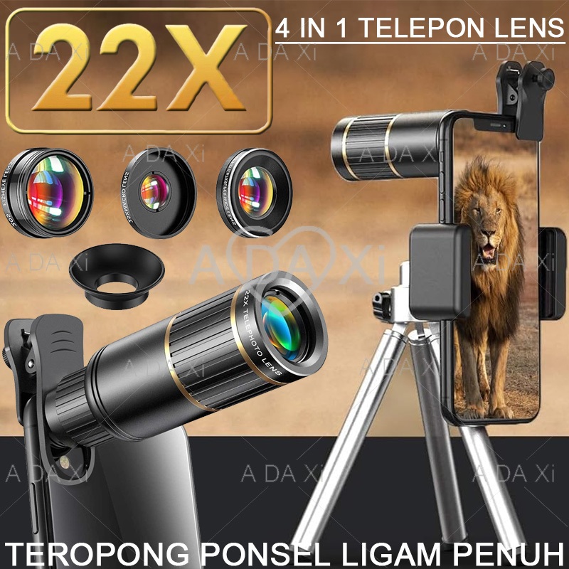 Jual 4K Teleskop Semua Logam 22X, Kit Lensa Kamera Ponsel 4 in 1, Lensa ...