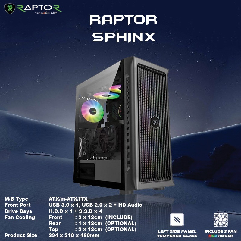 Jual Casing Gaming RAPTOR SPHINX - include 3 FAN RGB ROVER | Shopee ...