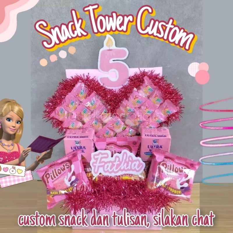 Jual Snack tower ultah custom warna pink free topper angka dan ucapan ...