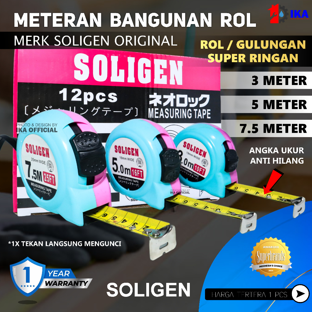 Jual Meteran soligen 5M / meteran tukang / meteran bagus SOLIGEN 7,5 M ...