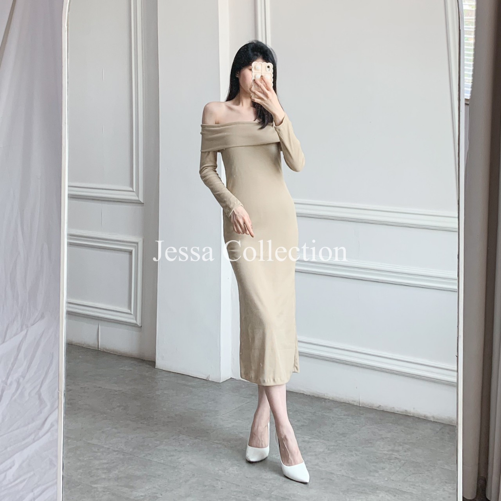 Jual Sabrina Dress Long Knit Amora FG Gaun Pesta Sabrina Motif Polos ...